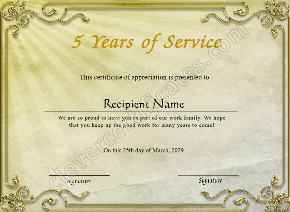 5 Years Of Service Anniversary Award Certificate | Editable Employee ...