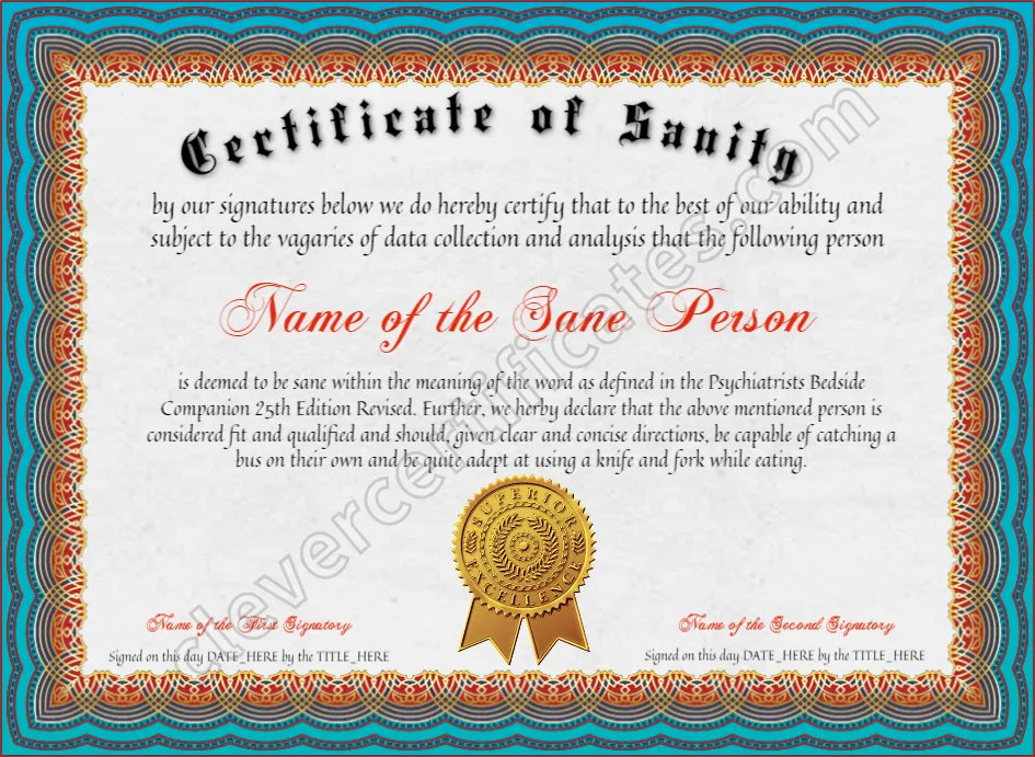 Certificate Of Sanity | Customizable Fun Certificate Template & Award ...