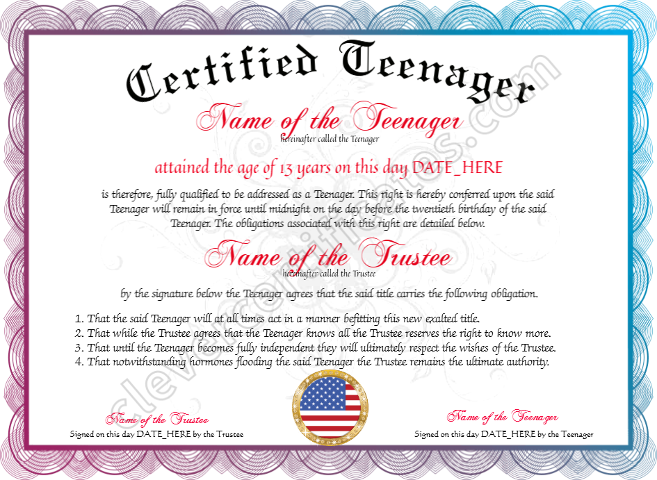 Certified Teenager Award | Editable Teenagers - Coming of Age – Clever ...