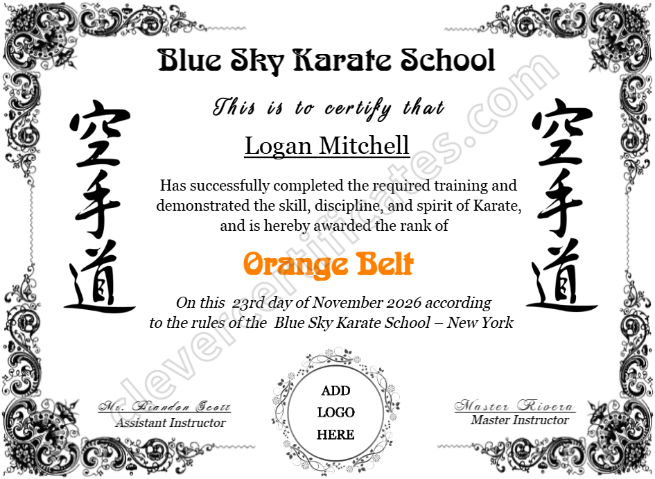 Karate Orange Belt Promotion Certificate – Editable Martial Arts Award ...