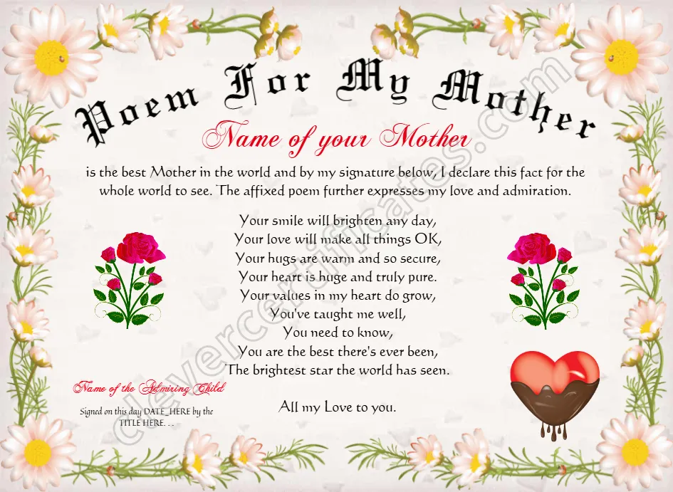 Poem For My Mother Certificate - Editable Mothers - Fathers - Parents