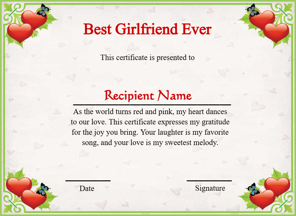 Printable Best Girlfriend Ever - Editable Valentine - Romantic - Love