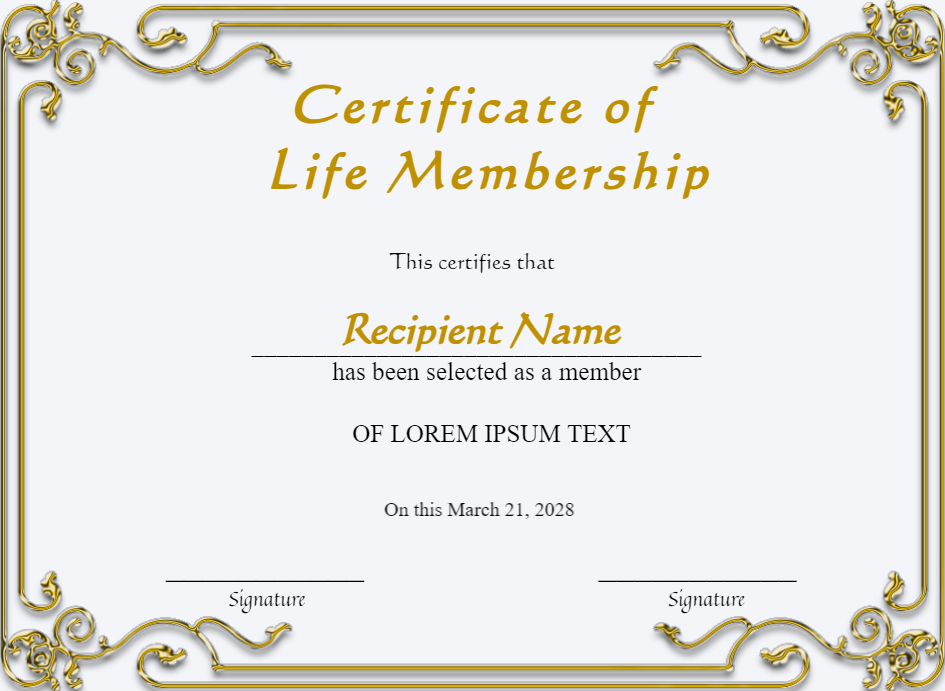 Printable Life Membership Certificate